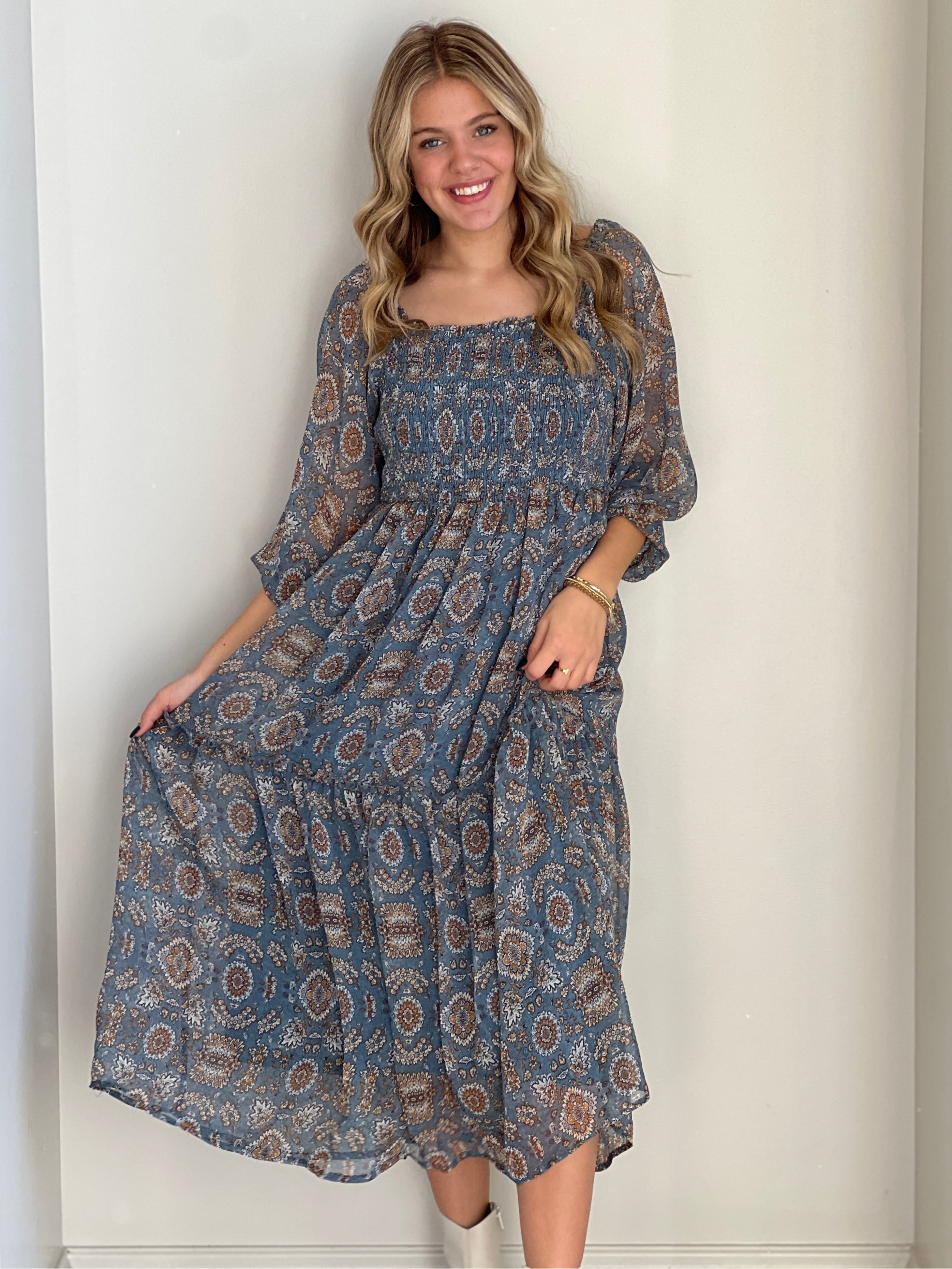 Phoebe Smocked Square Neck Medallion Print Dress – Allie and Me Boutique